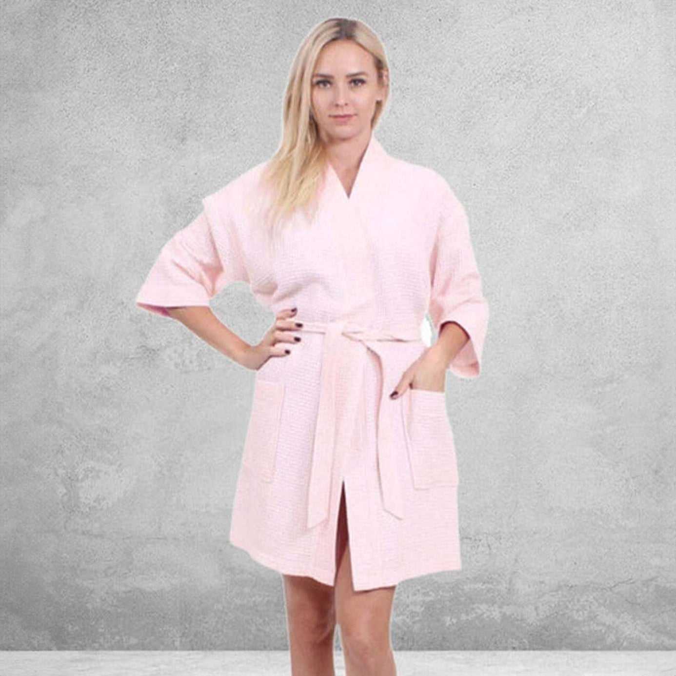 Women's Waffle Kimono Short Peach Bathrobe, Wholesale Bathrobes, Spa ...