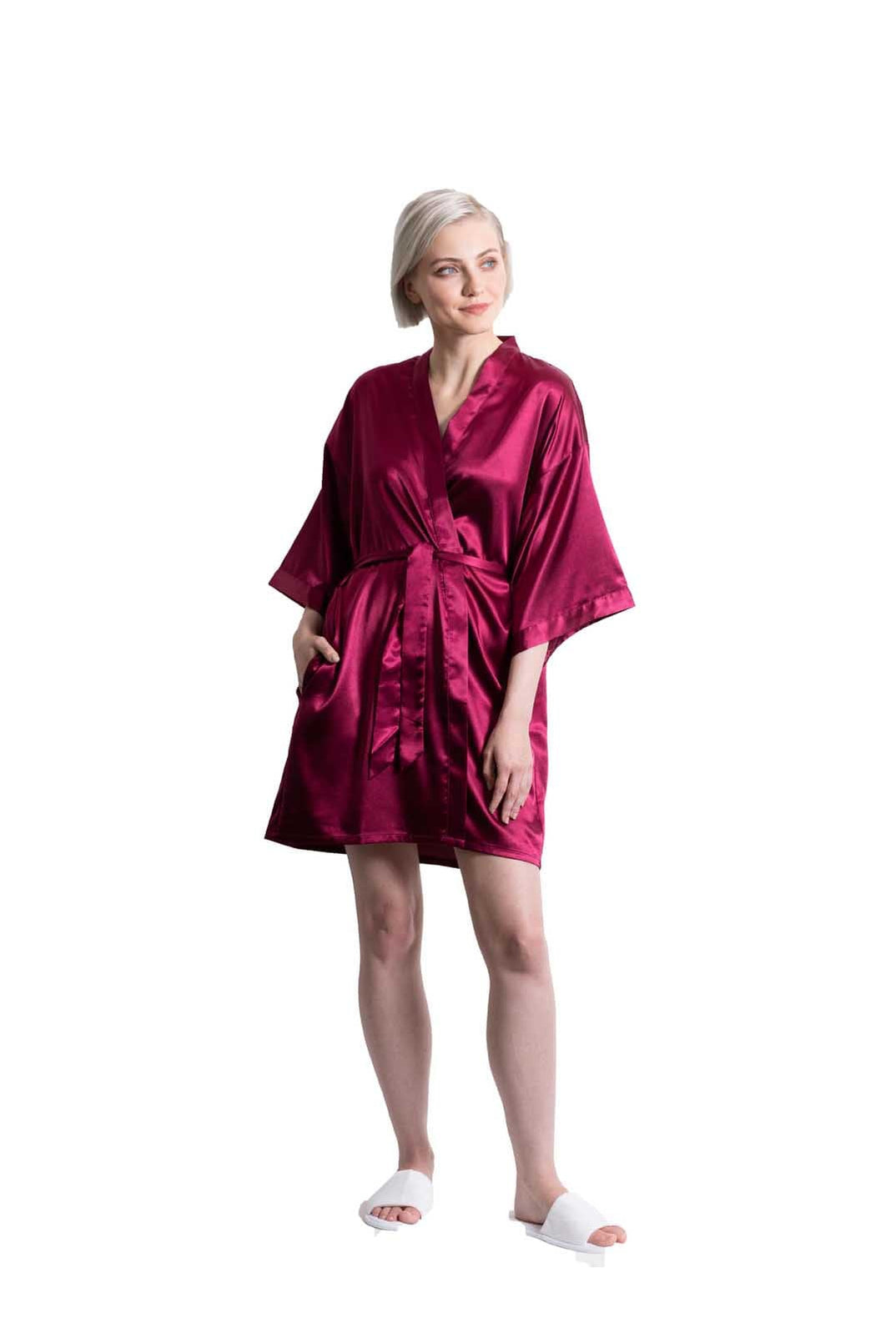 Wine Red Satin Kimono Short Robe, Wholesale Bridal Robes — RobesNmore