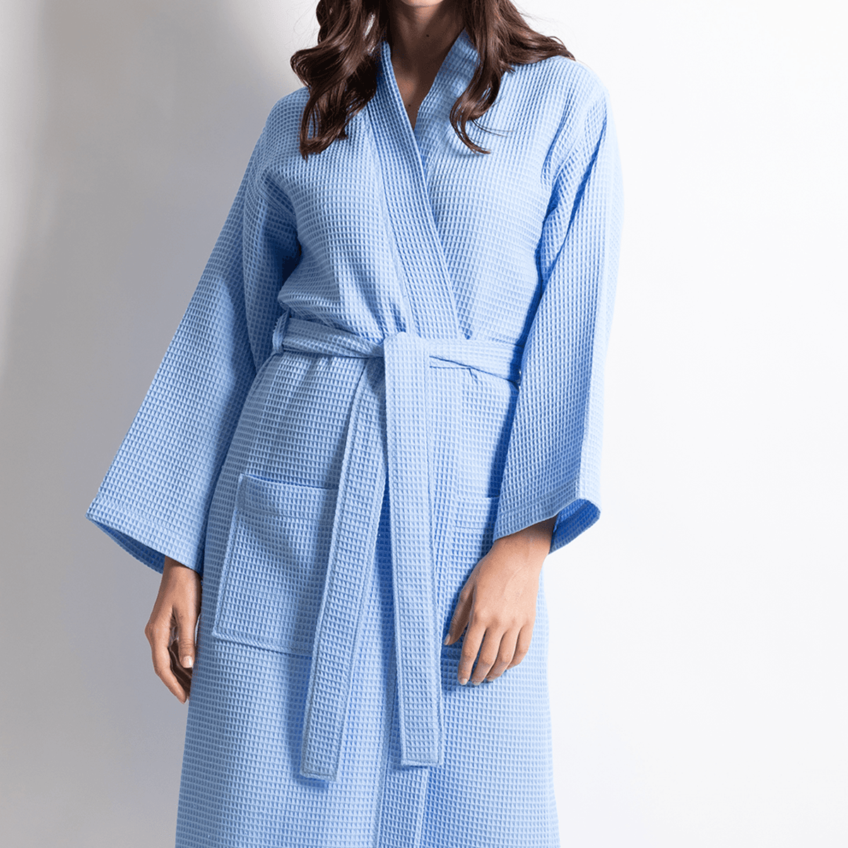 Women's Long Waffle Cotton Bathrobe, Kimono Style, Luxury Robe Poly bl ...